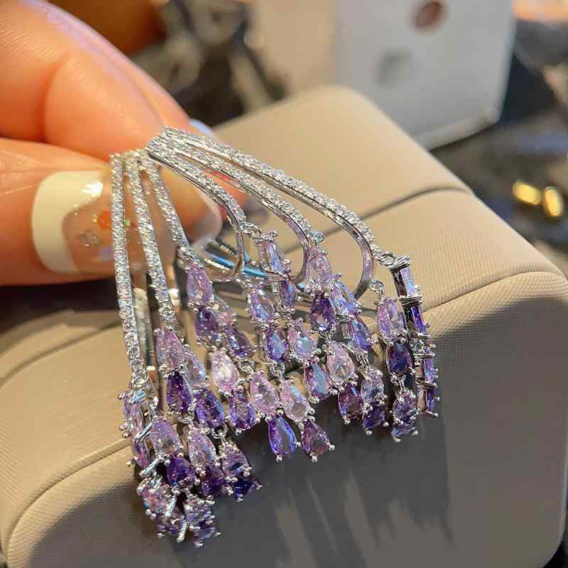 ピアス レディース S925シルバー ジルコニア グラデーション パープル 橄欖石 エメラルド 流蘇 タッセル 幾何学模様 電気メッキ加工 清新 甘め かわいい 日韓スタイル