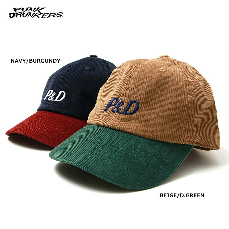 秋冬っぽい2トーンカラーのコーデュロイ生地のCAP。 PUNKとDRUNKERSなので、P&D。 ＜素材＞ ポリエステル100% アジャスター付き 頭周り：48 〜 64 cm 【ご予約商品に関する注意事項】 ※ご予約の前に必ずお読みくださ...