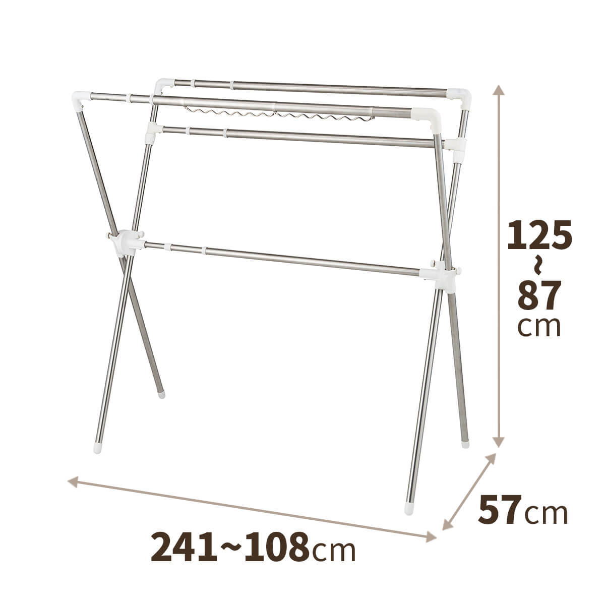 最大外寸（約） 幅108～241×奥行57×高さ87～125cm 収納時（約） 幅108×奥行9×高さ87～94cm 材　質 【本体】ステンレス巻きスチールパイプ 【樹脂部品】ポリプロピレン、ABS樹脂、ポリエチレン 【ハンガーかけ】ステレ...
