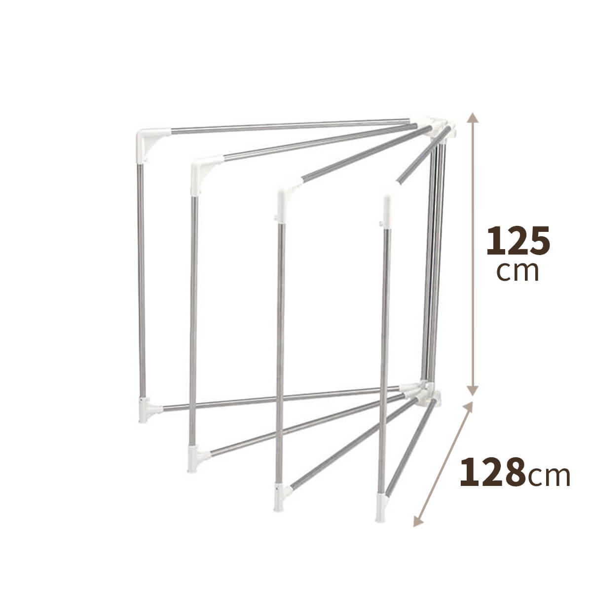 使用時（約） 幅250×奥行250×高さ125cm（開き方によって） 収納時（約） 幅16×奥行128×高さ125cm 材　質 【本体】ステンレス巻きスチールパイプ 【樹脂部品】ABS樹脂 【金属部品】スチール（メッキ）、ステンレス 全体耐...