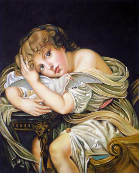 名作を画家が精巧に模写した油彩画です。 絵画サイズはF12号（50x61cm）、油彩額付（額指定）。 額縁見本は、カテゴリーの額縁見本をご覧下さい。　 ジャン・バティスト・グルーズ（Jean Baptiste Greuze 1725〜180...