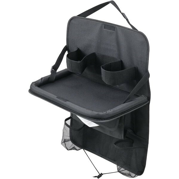 品番：WA143品名：ソフトシートバックトレイ仕様：ブラック●大型リアトレイ＆ティシュボックスも収納できるシートバックポケットです。(耐荷重約2Kg)●トレイ部は小物がいろいろと置けるワイドサイズ。マルチバンドで500mlペットボトル、50...