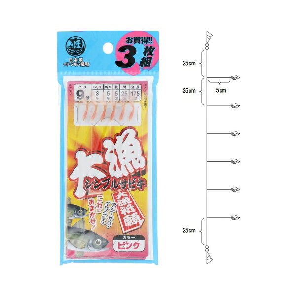 アジ・サバ・イワシ・コノシロ釣りに!堤防やボートからのサビキ釣りならおまかせ!信頼の日本製のハリ・スキンを採用。ファミリーフィッシングに最適なお買い得3枚セット!スキンのカラーは定番のピンク。ハリの種類は小さな豆アジから大型のアジ、サバまで...