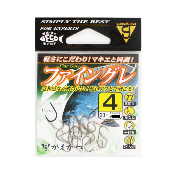 針号数： 4号カラー： 茶針重量： 21.6mg線径： φ0.485mm強度： (フトコロ)1.7kgf入数： 23本ハリス号数： (推奨)0.8－1.2号代表対象魚： メジナ(眼仁奈)・グレJANコード：4549018472820メーカー...