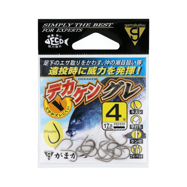針号数： 4号カラー： 茶針重量： 35.2mg線径： φ0.60mm入数： 17本推奨ハリス： 1.0－1.5号フトコロ強度： 2.7kgf釣り方、フィールド： 磯釣り(上物)代表対象魚： メジナ(眼仁奈)・グレJANコード：454901...