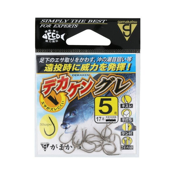 針号数： 5号カラー： 茶針重量： 43.2mg線径： φ0.64mm入数： 17本推奨ハリス： 1.25－1.75号フトコロ強度： 3.1kgf釣り方、フィールド： 磯釣り(上物)代表対象魚： メジナ(眼仁奈)・グレJANコード：4549...