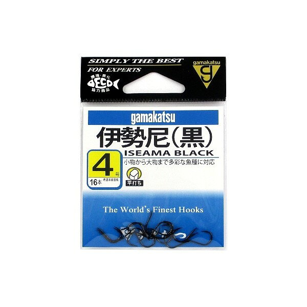 [環境美化協力商品]針号数： 4号カラー： 黒その他特徴： 16本入JANコード：4549018311167メーカー名：がまかつ商品名：伊勢尼 4号 黒※ 商品・パッケージは予告なく仕様変更する場合があります。※ 掲載画像はすべてイメージで...