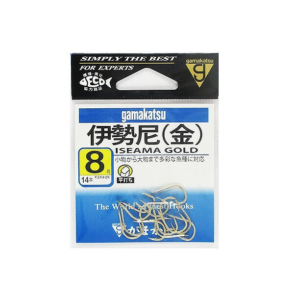 [環境美化協力商品]針号数： 8号カラー： 金その他特徴： 14本入JANコード：4549018311440メーカー名：がまかつ商品名：伊勢尼 8号 金※ 商品・パッケージは予告なく仕様変更する場合があります。※ 掲載画像はすべてイメージで...