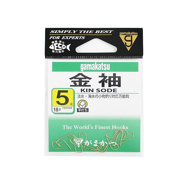 [環境美化協力商品]針号数： 5号カラー： 金その他特徴： 18本入釣り方、フィールド： 川・池釣り(ルアー以外)代表対象魚： ハヤ代表対象魚(詳細)： モロコ、マブナJANコード：4549018308228メーカー名：がまかつ商品名：金袖...