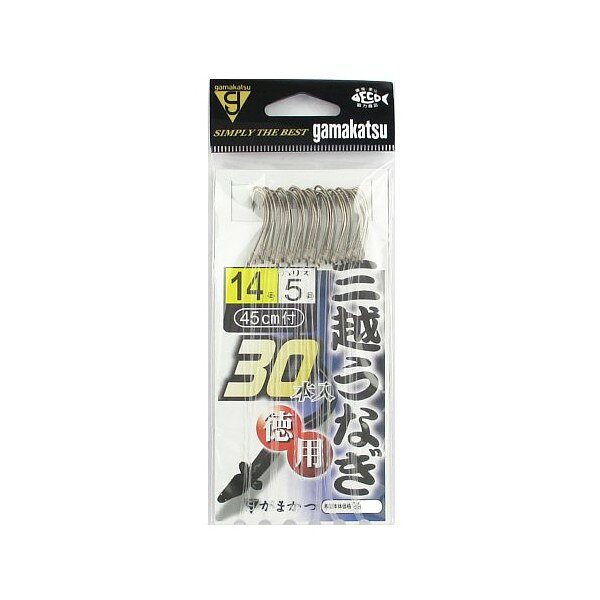 [環境美化協力商品]針号数： 14号カラー： 茶ハリス号数： 5号ハリス長さ： 45cmその他特徴： 30本入代表対象魚： ウナギ(鰻)JANコード：4549018302424メーカー名：がまかつ商品名：糸付 徳用 三越うなぎ 針14号－ハ...