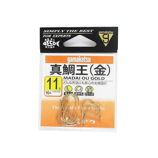 [環境美化協力商品]針号数： 11号カラー： 金線径： φ1.16mmその他特徴： 10本入代表対象魚： タイ(鯛)JANコード：4549018353150メーカー名：がまかつ商品名：真鯛王 11号 金※ 商品・パッケージは予告なく仕様変更...