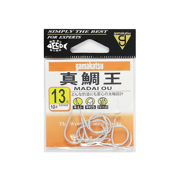 [環境美化協力商品]針号数： 13号カラー： 銀線径： φ1.36mmその他特徴： 10本入代表対象魚： タイ(鯛)JANコード：4549018353297メーカー名：がまかつ商品名：真鯛王 13号 銀※ 商品・パッケージは予告なく仕様変更...