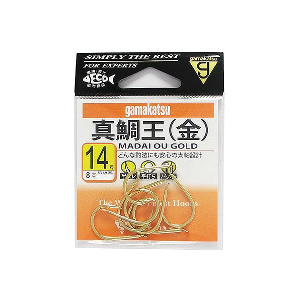 [環境美化協力商品]針号数： 14号カラー： 金線径： φ1.46mmその他特徴： 8本入代表対象魚： タイ(鯛)JANコード：4549018353181メーカー名：がまかつ商品名：真鯛王 14号 金※ 商品・パッケージは予告なく仕様変更す...