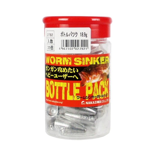 自重： 18.9g(2/3oz)入数： 35個入代表対象魚(詳細)： ロックフィッシュJANコード：4967102027921メーカー名：ナカジマ商品名：NAKAZIMA ワームシンカー ボトルパック 18.9g※ 商品・パッケージは予告な...
