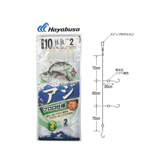 使用針： ムツ(金)針号数： 10号入数： 3本針×2セット全長： 2mハリス号数： 1.5号幹糸号数： 1.5号エダス長さ： 20cm幹糸間： 60cm素材： ハリス/フロロカーボン釣り方、フィールド： 船釣り(浅場)代表対象魚： アジ(...