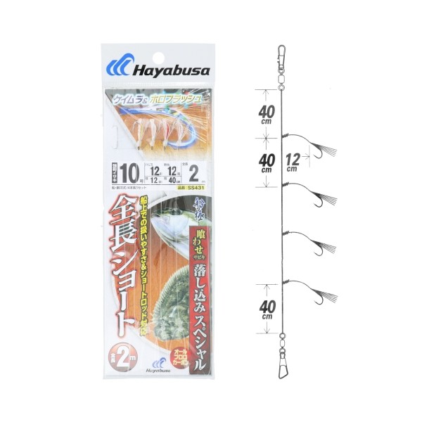 使用針： 強靭イサキ針号数： 10号入数： 4本鈎×1セット全長： 2mハリス号数： 12号幹糸号数： 12号エダス長さ： 12cm幹糸間： 40cm素材： オールフロロカーボンJANコード：4993722949862メーカー名：ハヤブサ商...