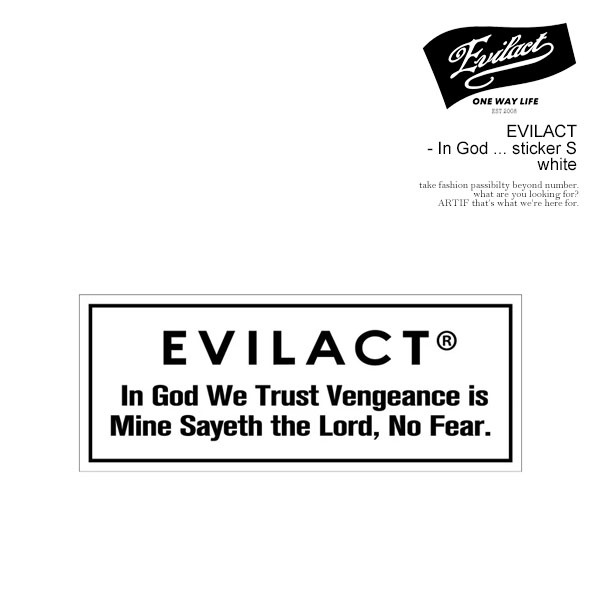 　商品説明 EVILACT イーブルアクト ●商品説明 EVILACTのIn God ... ステッカーです。 バイクや車、PCなどに貼ってアクセントにできる ちょうど良いサイズのステッカーです。 耐候性：屋外4年相当 (使用状況、および環...