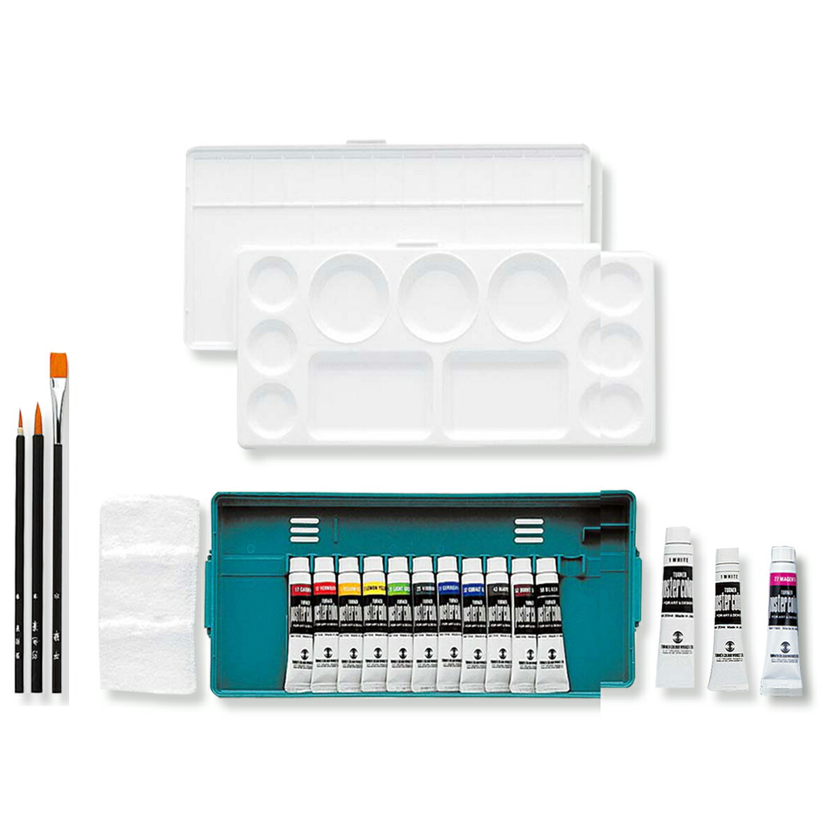 サイズ：300×138×35mm Wパレット付ポリプロピレン製ケース 付属品：布巾、筆3本(ナイロン毛、再生黒軸) 11色セットにホワイト20ml、ホワイト11ml、マゼンタ11mlがついております。 入組み色(白を除く) カーマイン、バー...