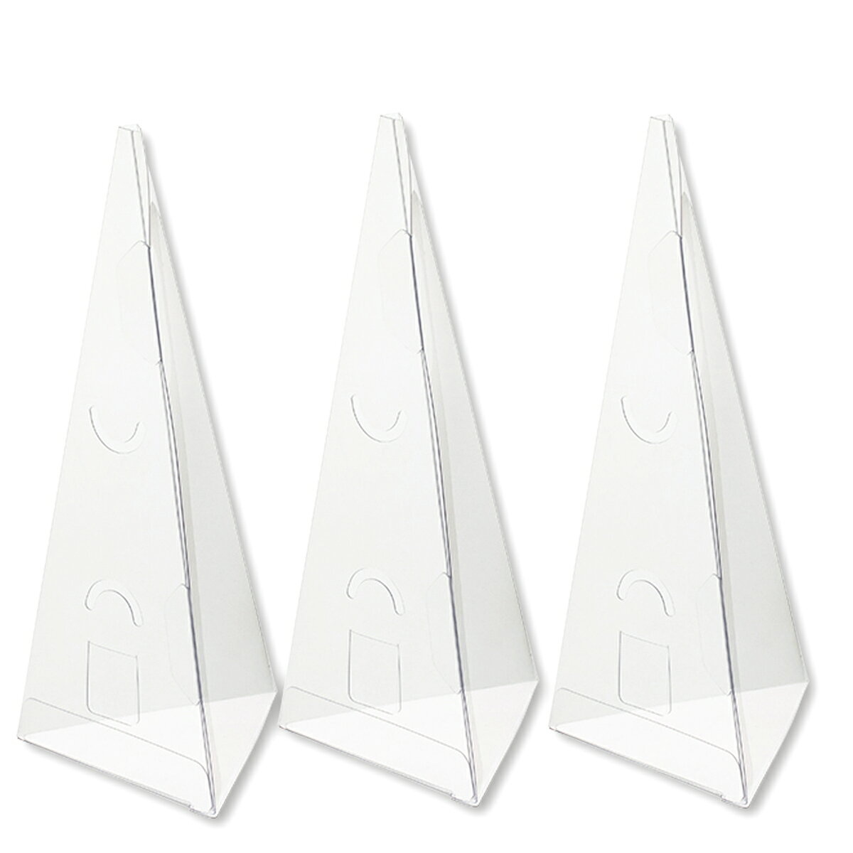 サイズ(組立時)：約75×65×180(高)mm 組立てると三角錐となる透明板です。 透明な三角錐の中にお好みのものを入れてかわいくディスプレイできます。 メッセージカードなどをセットできる切り込みや、壁に掛ける為のフック穴があります。 ス...