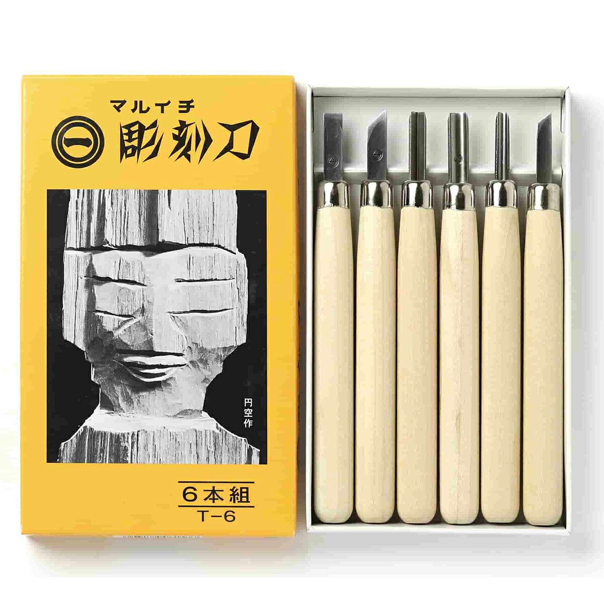 全長：約136mm 柄長さ：110mm 素材：全鋼製 セット内容：切出し4mm、切出し7mm、丸刀4mm、丸刀7mm、平刀7mm、三角刀7mm 小さいお子様に使いやすい様に柄は短めです。