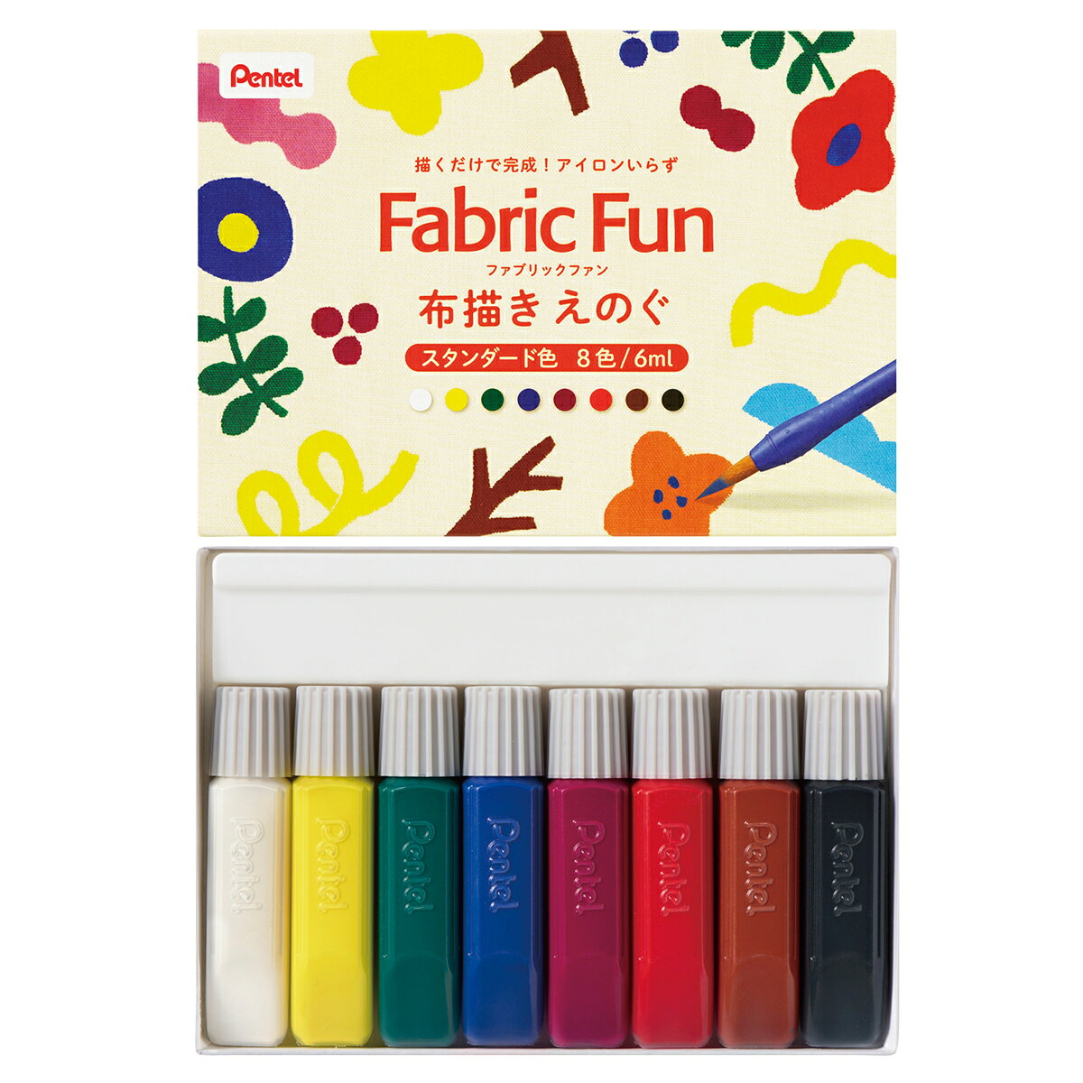 セット色数：スタンダード色 8色　1色6mL ホワイト/レモンイエロー/ディープグリーン/コバルトブルー/マゼンタ/スカーレット/バーントシェンナー/ブラック ケースサイズ：126×92×19mm 布に描くだけでカンタン定着！ 布に絵や文字...