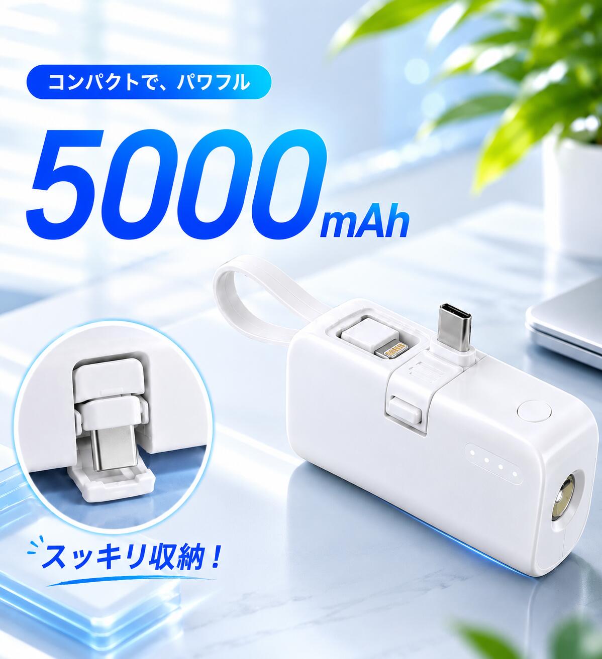 【商品名】 モバイルバッテリー 5000mAh Type-C＆Lightning内蔵 【配送方法】 日本郵便（ゆうパケット） ※個数により配送方法が異なる場合がございます。 ※住所が1文字でも間違っている場合、確認されず当店へ返送される場合...