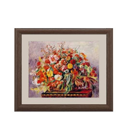油絵 絵画 直筆仕上げ ルノワール バスケットの花々 アートフレーム サイズ 額入りS：ブラウン 【油彩 布キャンバス 国内生産】 絵画 販売 静物画 321×271mm 複製画 送料無料 (ルノアール)ルノワール バスケットの花々
