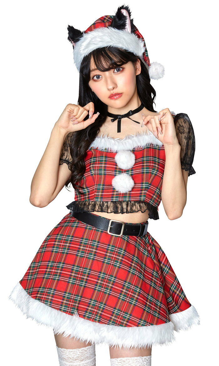 タータンチェック生地と黒レースが豪華！クリスマスにぴったりのタータンチェック生地と人気のねこをMIXしました。黒ねこにちなんだ黒レース生地は大人っぽさや程よいセクシーさを演出してくれます。お腹がチラ見えするクロップドトップスは腰の位置を高く...