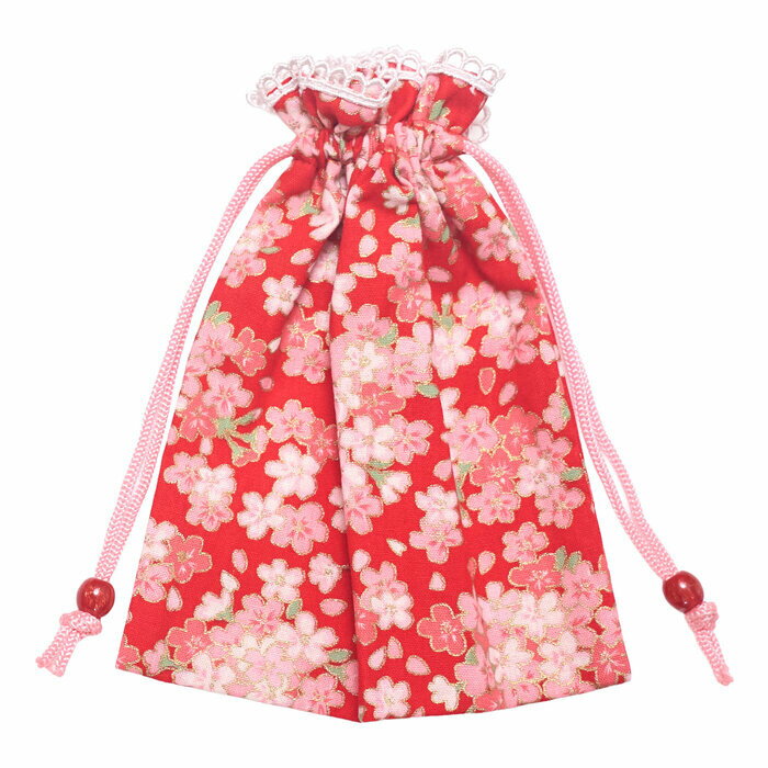 桜をテーマにした和風デザインの巾着です。桜柄の和柄生地を使用し、携帯電話やコスメなどの小物が入る使いやすいサイズ感に仕上げています。ループエンド(紐先)には高級感のある木製風の玉を採用し、開け口にはスカラップ型のレースコードをあしらうことで...