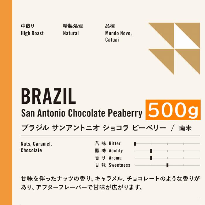 商品説明品名ブラジル サンアントニオ　 ショコラ ピーベリー 原材料名コーヒー豆 生豆生産国ブラジル ミナスジェライス州サンアントニオ地区 内容量500g一杯あたりの水・粉の使用基準量160ml に対して約10g〜約14g 賞味期限粉の場合...