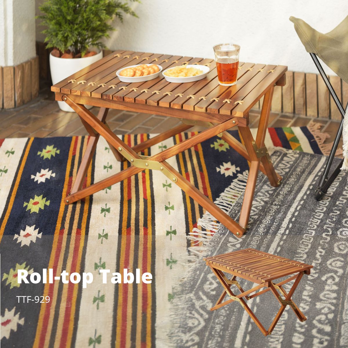 特長本革のつなぎ合わせが特徴的なロールトップテーブル。 小さく収納・持ち運びができるだけではなく、チーク材と本革の風合いはインテリアとしても活躍します。 サイズ：W65×D45×H40スペック：天然木(チーク) ラッカー塗装 本革製造国：イ...