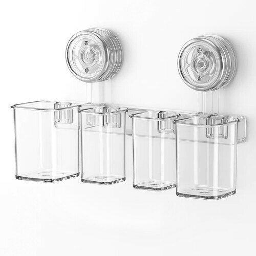 歯ブラシホルダー 吸盤 4個ずつの収納スペース 壁掛け 歯磨き粉 シェーバー まとめて 浮かせる 収納 強力真空吸盤 取付簡単 【強力真空吸盤】吸盤で簡単取り付けの歯ブラシホルダー。替えの電動歯ブラシやバス小物の収納にも。シェーバーやバス小...