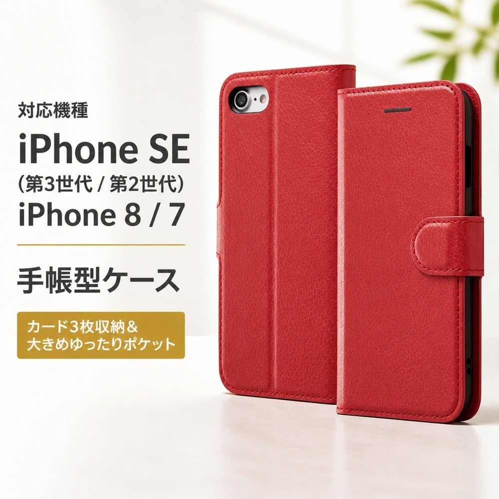 【商品説明】【商品概要】 iPhone SE3 ケース 手帳型 耐衝撃 iPhoneSE2 iPhone8 iPhone7 アイフォン レザー マグネット レッド シンプル おしゃれ カバー スマホケース スマホカバー 【商品の特長】 カー...
