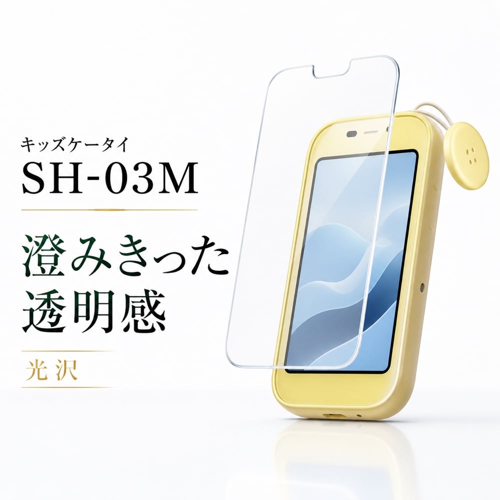 【商品説明】キッズケータイ SH-03M 液晶保護フィルム 指紋防止 光沢向けの画面保護フィルムです。 ヘイズ（光散乱）を抑えることで画面が白くボケることを抑えくっきり鮮やか。 透過度がとても高く液晶保護フィルムを貼っていることを感じさせな...