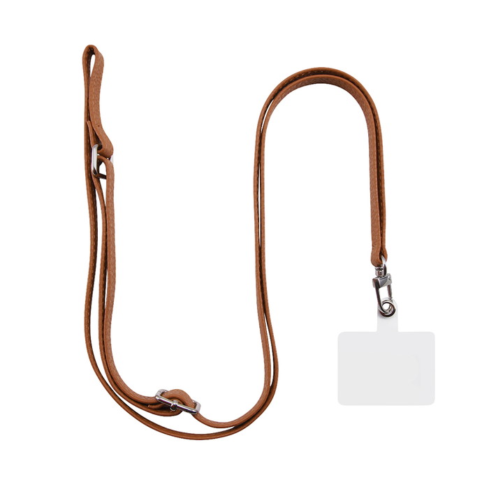 【商品説明】 透明シートを挟むだけ！ 全端末対応。 端末とスマホケースの間に挟む透明シート同梱。 長さ調節可能。 ストラップ全長約140cm(最長)。 対応機種各種スマートフォン カラーブラウン 素材合成皮革(ポリウレタン素材)、熱可塑性ポ...