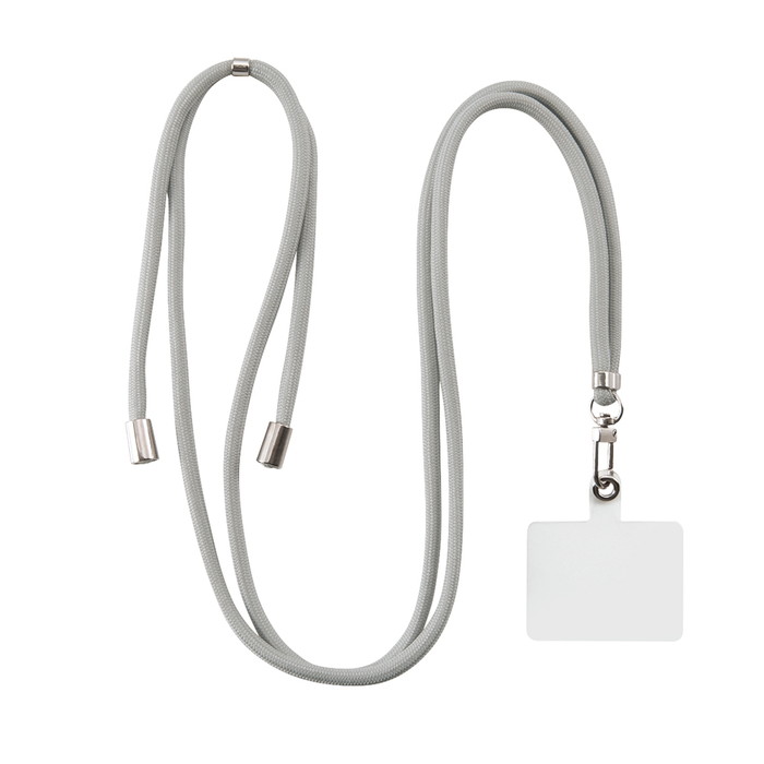 【商品説明】 透明シートを挟むだけ！ 全端末対応。 端末とスマホケースの間に挟む透明シート同梱。 長さ調節可能。 ストラップ全長約160cm(最長)。 対応機種各種スマートフォン カラーグレー 素材ポリエステル、熱可塑性ポリウレタン樹脂、亜...