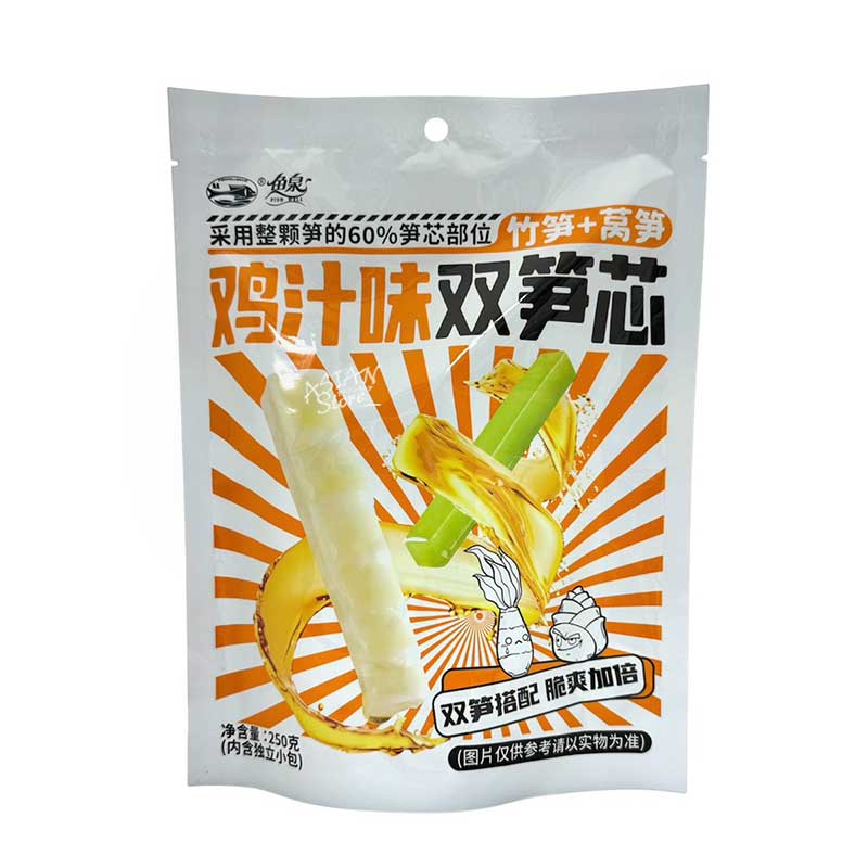 【商品名】魚泉 ステムレタスと竹の子（鶏汁味）／魚泉 鶏汁味双筍芯 【原材料】ステムレタス、竹の子、ラー油（菜種油、唐辛子）、食塩、砂糖/調味料（アミノ酸等）、酸味料、香料 【内容量】250g（25g×10） 【原産国】中国 【賞味期限】商...