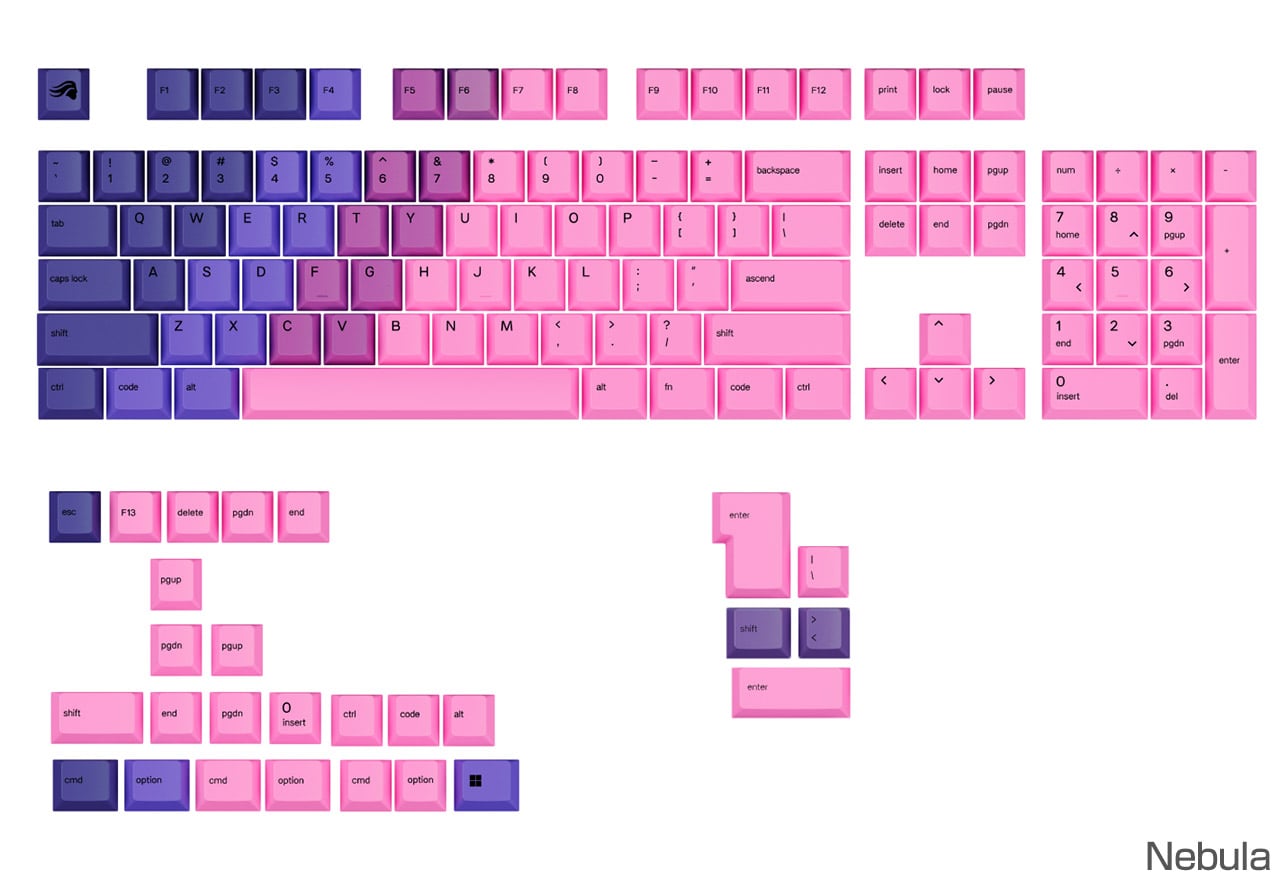 多様なサイズの英語配列メカニカルキーボードに対応した、グラデーションカラーのキーキャップセット [特徴] ・多様なサイズの英語配列メカニカルキーボードで使用可能 ・MX互換キースイッチに対応 ・131個のキーキャップを同梱 ・PBT樹脂と昇...