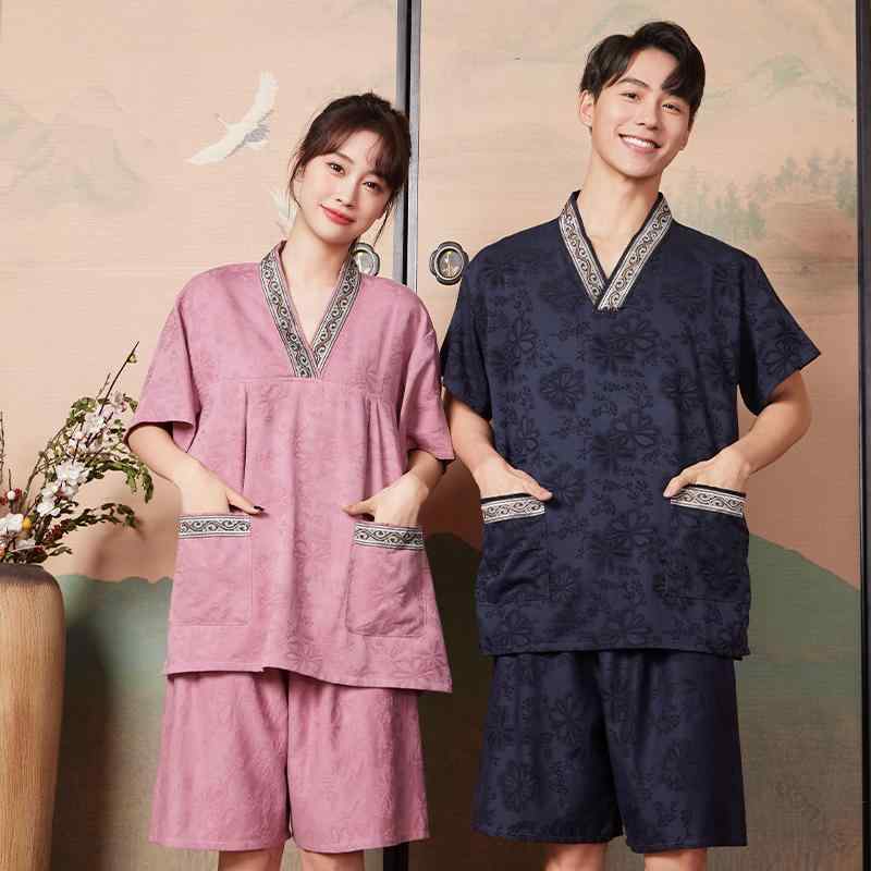 岩盤浴 ウェア サウナ マッサージ 服 コットン メンズ レディース 半袖 半ズボン Vネック ポケット 付き パジャマ 部屋着 大きいサイズ 【原産国／製造国: 中国】 .サウナ服 岩盤浴 ウェア マッサージ 服 コットン メンズ レディ...