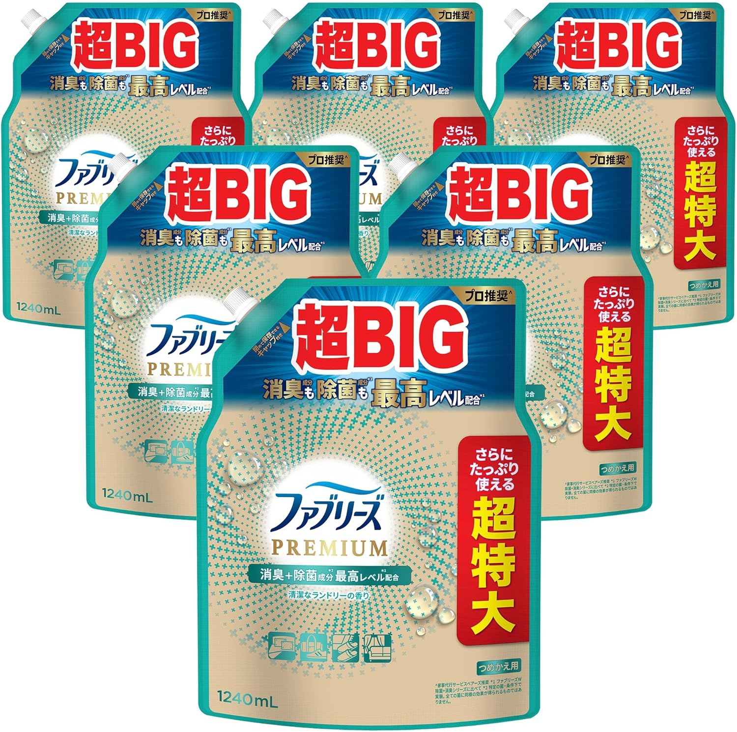 ファブリーズ プレミアム 消臭スプレー(衣類・布用)【 消臭＋除菌成分最高レベル配合 】【清潔なランドリーの香り】詰替え 超特大 1240mL×6袋 消臭成分も除菌成分も最高レベル*のプレミアムシリーズ・金のファブリーズ＊ファブリーズシリー...