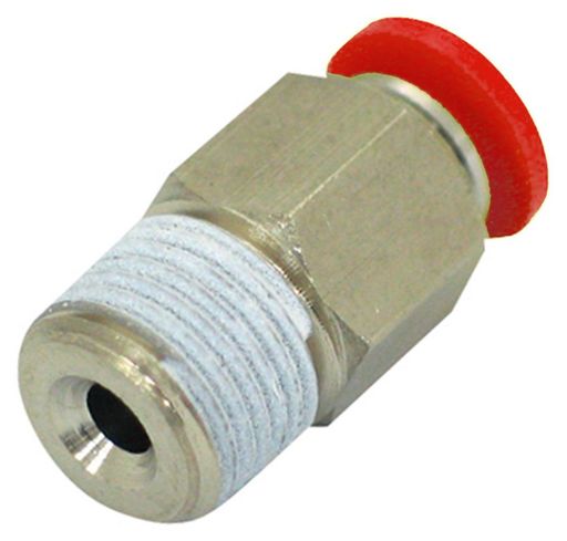 チューブ外径:直径8mm(カラー:赤色) ネジ径:R1/4 主な材質:真鍮(ニッケルメッキ)、ポリブチレンテレフタレート 適用流体:空気 最高使用圧力:0.9MPa(連続使用可能な許容最高圧力) 用途:チューブと機器(めねじ)の接続に