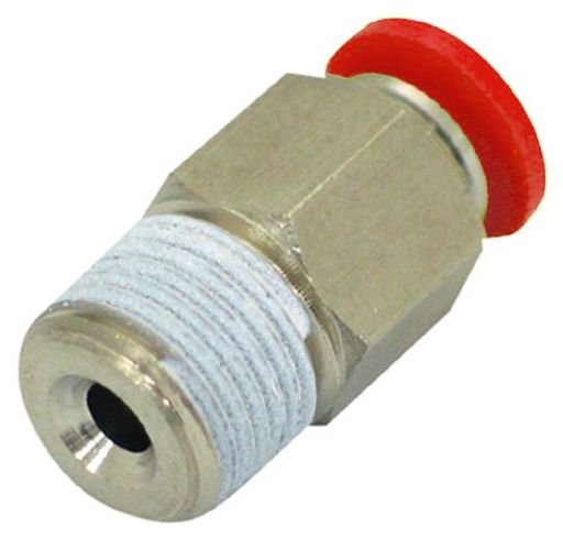 チューブ外径:直径8mm(カラー:赤色) ネジ径:R1/4 主な材質:真鍮(ニッケルメッキ)、ポリブチレンテレフタレート 適用流体:空気 最高使用圧力:0.9MPa(連続使用可能な許容最高圧力) 用途:チューブと機器(めねじ)の接続に