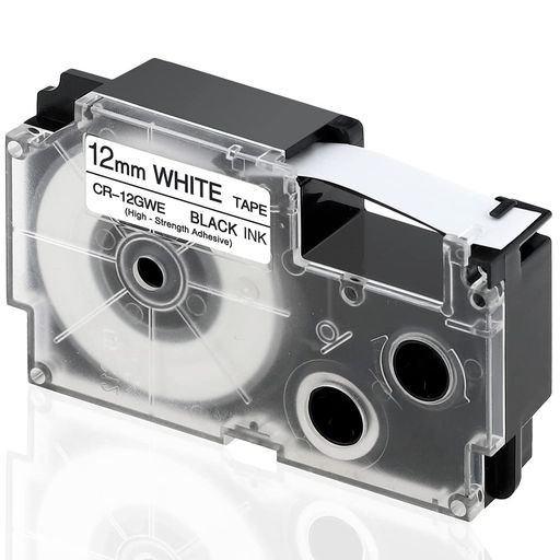 【テープセット】: ネームランド テープ 強粘着 12mm XR-12GWE の互換品、1個セット。【汎用サイズ】: 12 mm * 8 m 。【色】: 白地黒文字。