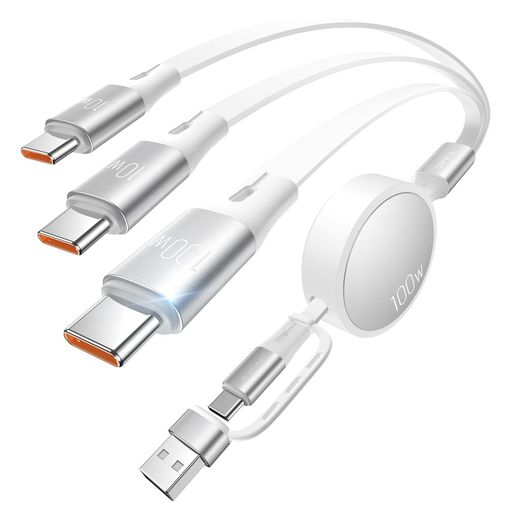【3in2巻き取り式充電ケーブル3股(Type-Cx3ポート &amp; 最大100W充電対応)】本製品は、100W対応のUSB-C巻き取り式充電ケーブルです。2in1のUSB-A/USB-C入力ポートと、3つの充電ポート(Type-Cx3...