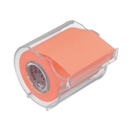 【仕様】カッター付き 【入数】1巻 【テープサイズ】50mmx10m 【特長】好きな長さにカットすることができ、裏全面のり付きのふせん。 【材質】上質紙、粘着剤:アクリル系 【色】オレンジ