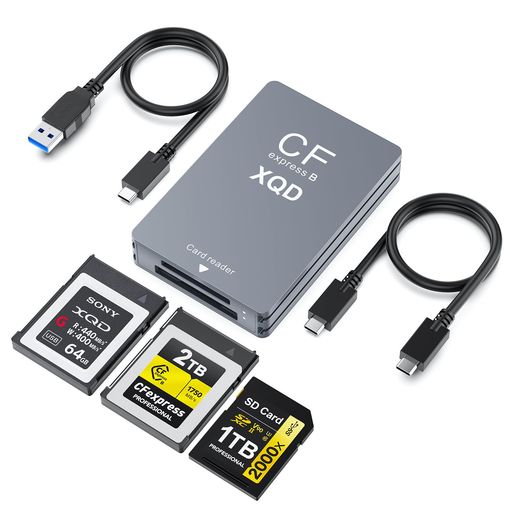 【3-in-1カードリーダー/CFexpressTypeB・XQD・SD対応】このCFexpressカードリーダーは、CFexpressTypeB、XQD、SDカードに対応した3in1設計。CFexpressとXQDは同じスロットを共有し、...
