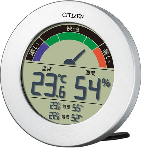 サイズ:ф9.6x1.9cm 本体重量:96g 使用電源:アルカリ単4形x2本(別売) 素材・材質:金属(アルミ材)枠 温度表示範囲(-10~50°C)、湿度表示範囲(20~99%)、環境目安表示付 掛置兼用 温湿度精度 温度 :0~40°...