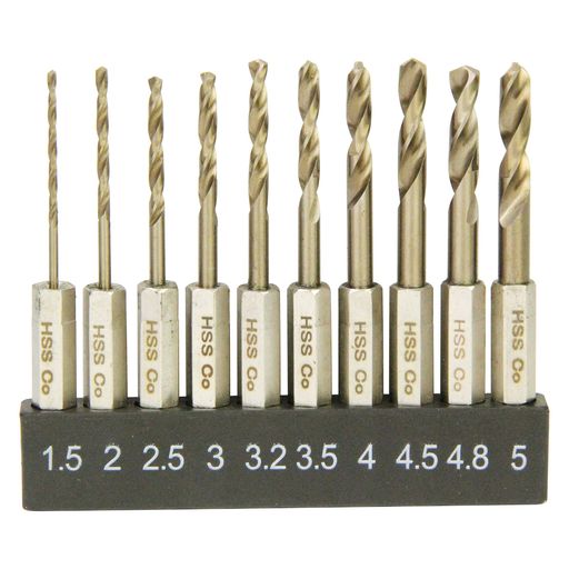 サイズ:1.5・2.0・2.5・3.0・3.2・3.5・4.0・4.5・4.8・5.0mm 入数:10本組、軸:6.35mm六角軸 最大穴あけ可能板厚:鉄5.0mm・ステンレス2.0mm 対応機種:充電インパクトドライバー・充電ドリルドライ...