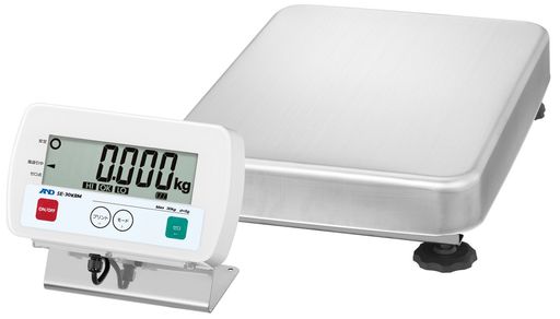 ひょう量:30kg 最小表示:0.005kg(0.01kg) 計量皿寸法:300(W)x380(D)mm 表示モード:kg、個数 外形寸法:台部:300(W)x380(D)x118(H)mm、表示部:250(W)x195(D)x223(H)mm