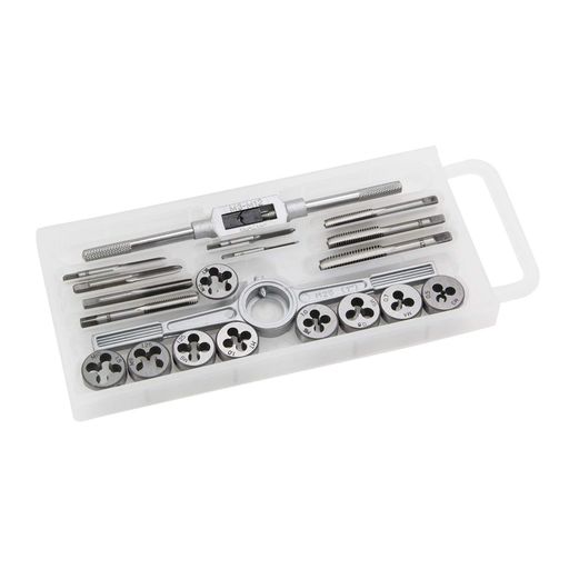 用途:一般鉄鋼のネジ切り用タップダイスセット セット内容数:20PCS セット内容:タップハンドル・ダイスハンドル・収納ケース ダイスサイズ:3x0.5・4x0.7・5x0.8・6x1.0・7x1.0・8x1.25・9x1.25・10x1....